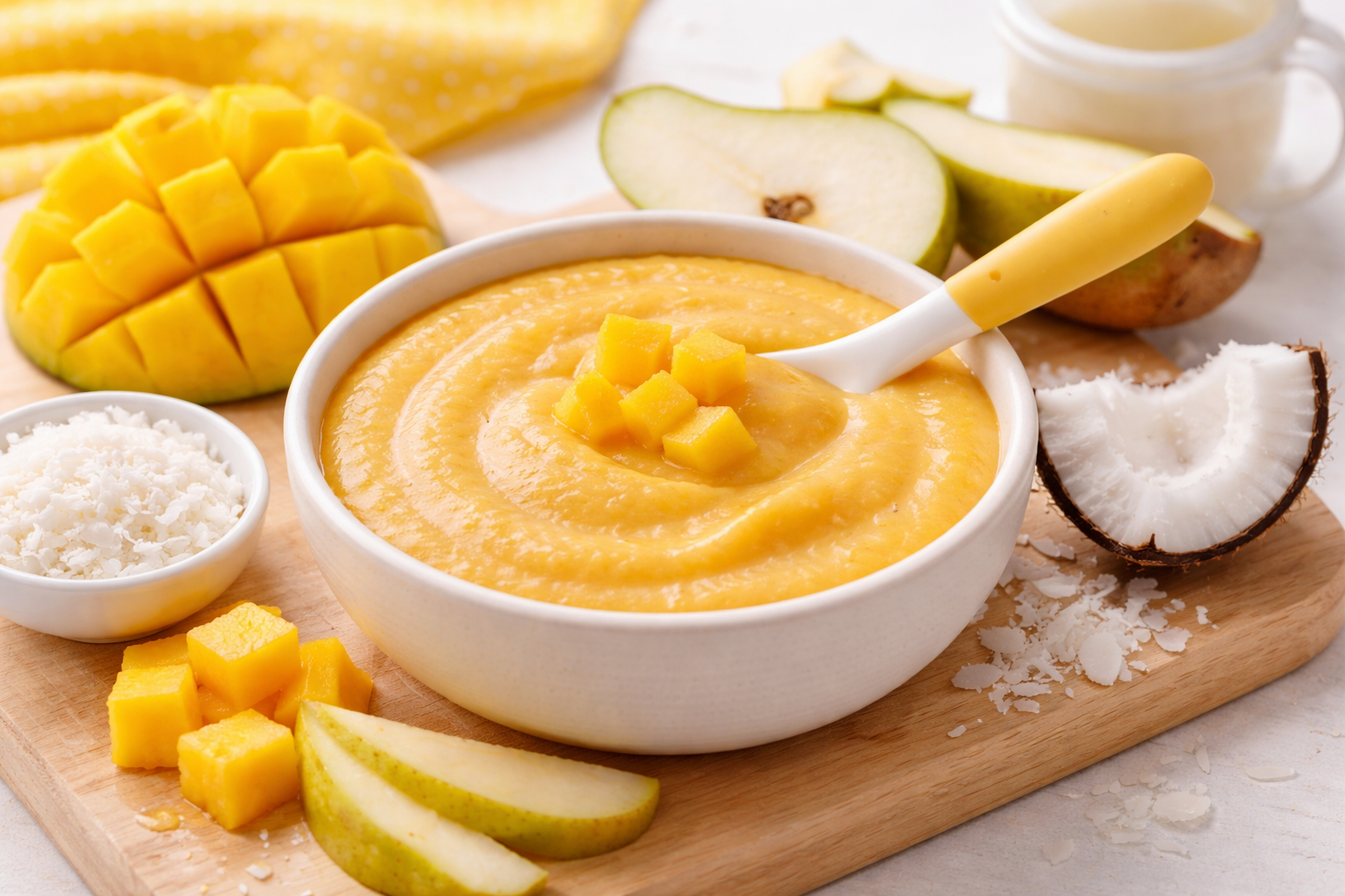 Papilla Refrescante de Mango, Pera y Coco | Clémentine & Bastièn